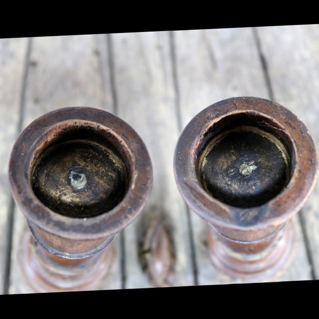 Pair Vintage Turned Wood and Composite Candle Holders | Chairish