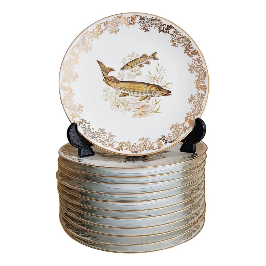 French Porcelain Fish Plates from Limoges, Set of 13 | Chairish