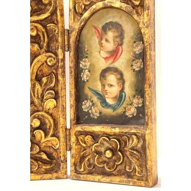 19th C. Spanish Colonial Carved Giltwood Triptych of Virgin Mary & Christ Child | Chairish