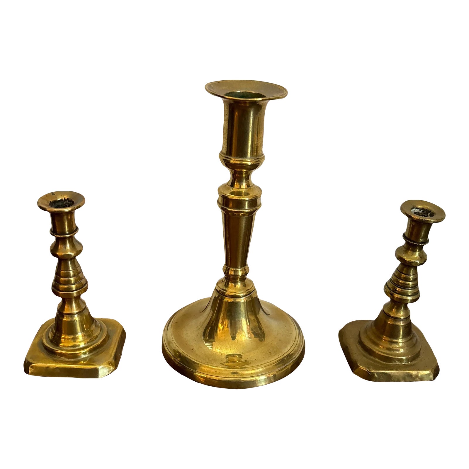 Late 19th Century Set of 3 Miniature Brass Candlesticks | Chairish