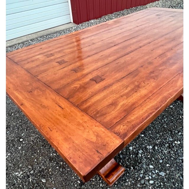 Rustic Farmhouse Planked Farm Trestle Harvest Dining Table | Chairish