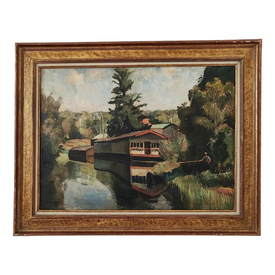 Georges Darel, Pêcheur au bord de l'Arve, Oil on Canvas, Framed | Chairish
