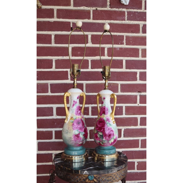 Pair of German-Made Hand-Painted Porcelain Lamp Bases Signed E.M ...