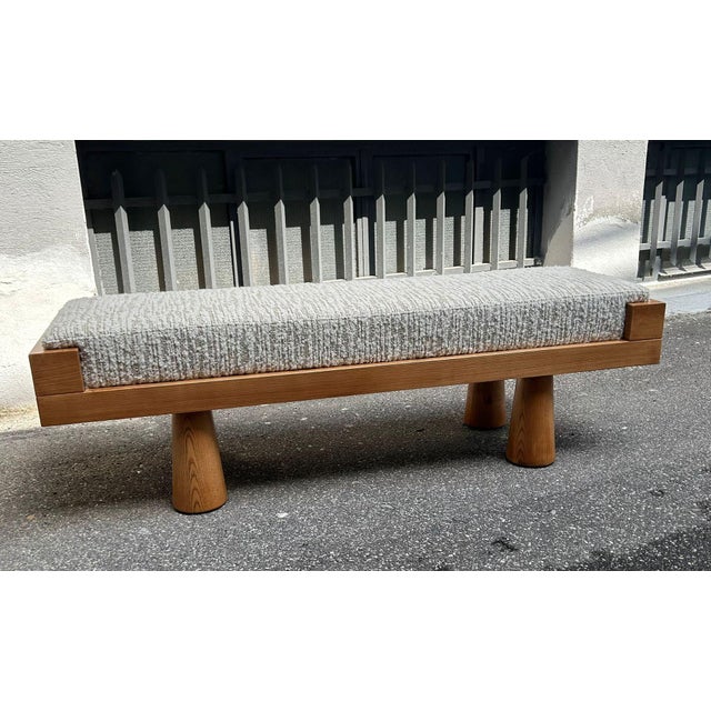 Light Wood Bench with Conical Legs and Grey Bouclé Fabric Sides, 2000s ...