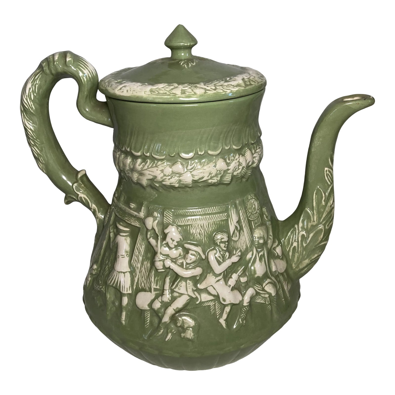 Vintage Green Raised Relief Pottery Ceramic Pitcher with Lid | Chairish