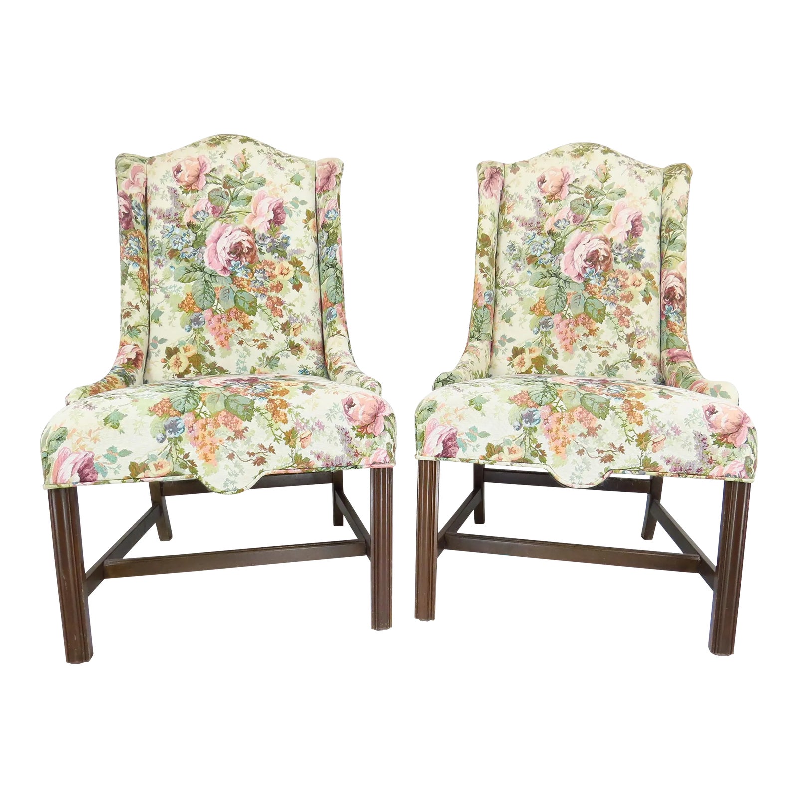 Vintage Georgian Style Camelback Shallow Wing Chairs With Walnut Legs ...