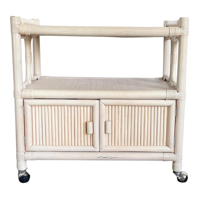 Boho Chic White Washed Bamboo Rattan and Wicker Bar Cart | Chairish
