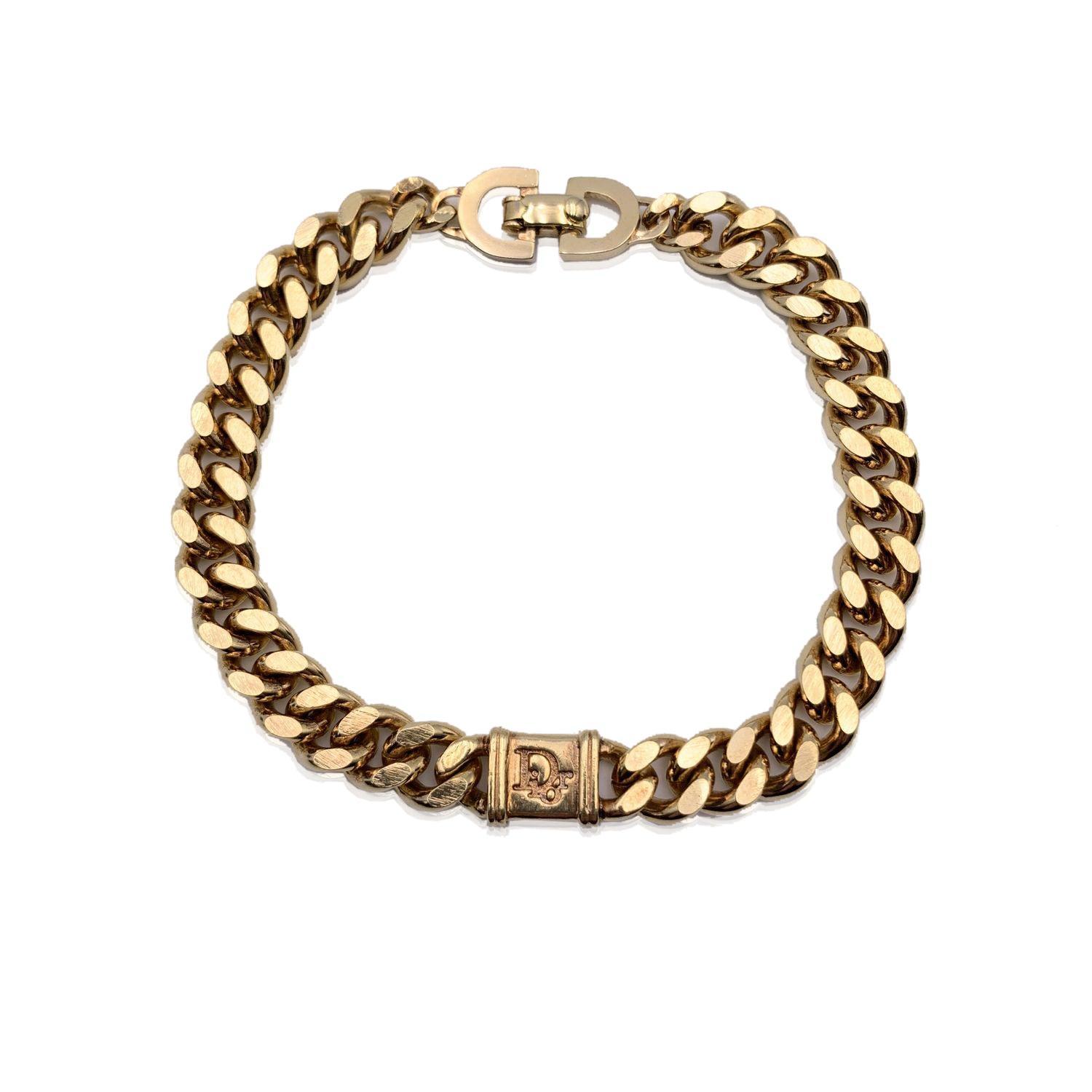 Christian Dior Vintage Gold Metal Cuban Chain Link Logo Bracelet | Chairish