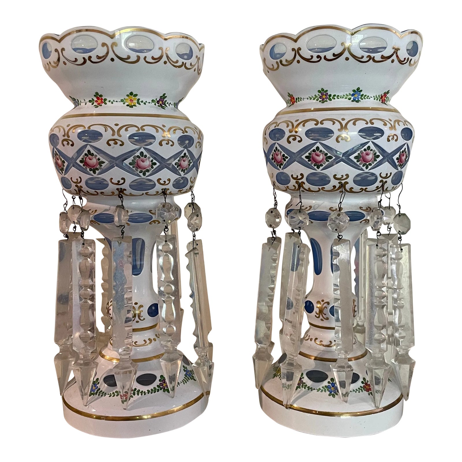 Vintage Bohemian White Overlay Cut to Light Blue Glass Lusters With 10 ...