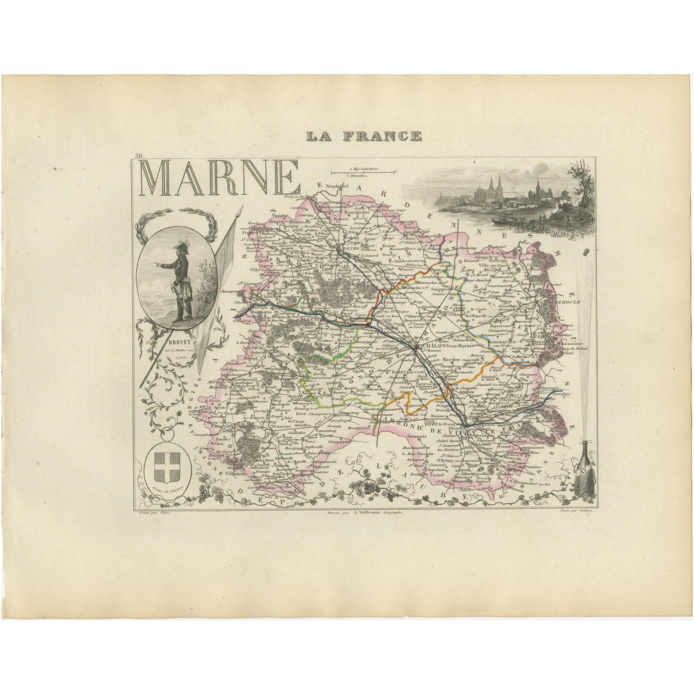 Antique Engraved Map of Marne by Levasseur, 1850s | Chairish