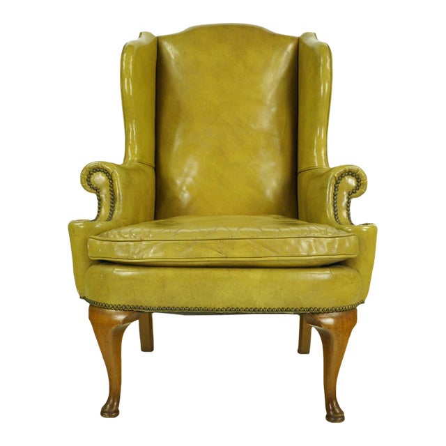 Mid Century Studded Yellow Leather Wingback Arm Chair | Chairish