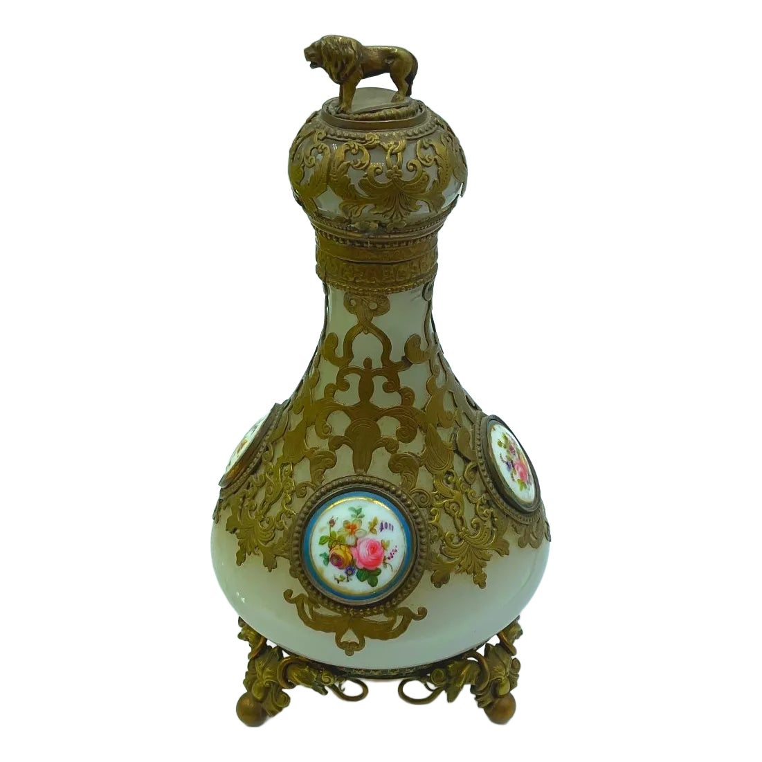 Opaline Bronze Bottle with Polychrome Porcelain Plates | Chairish