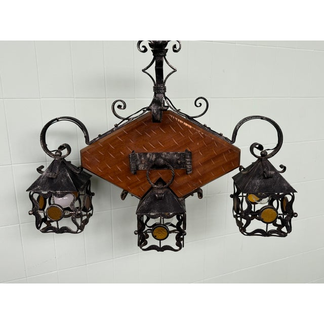 Vintage Brutalist 3-Light Lantern in Wood and Wrought Iron, 1970s ...