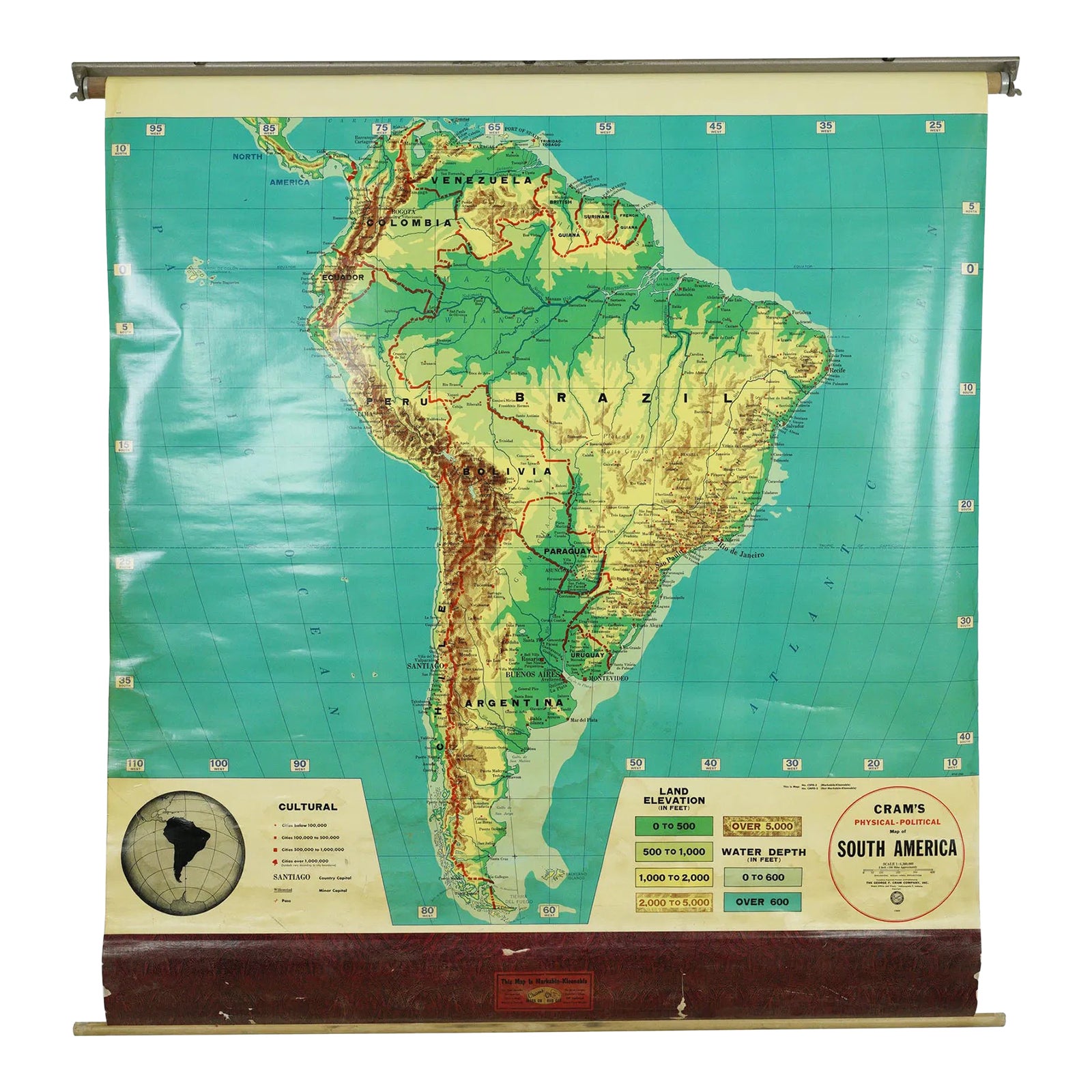 Vintage Cram's Physical Political Roll Up School Map of South America ...