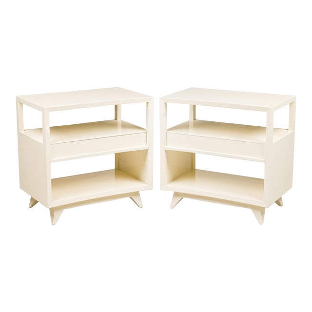 American Contemporary White Two-Tier Concave End Table - A Pair | Chairish