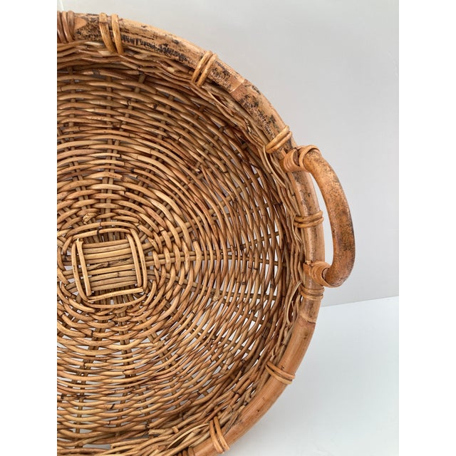 Round Wicker Tray With Bamboo Handles | Chairish