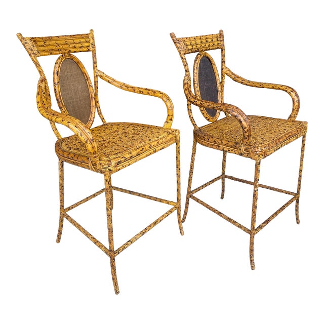 Faux Tortoise Finish Set of 2 Colonial Style Bamboo & Rattan Counter ...