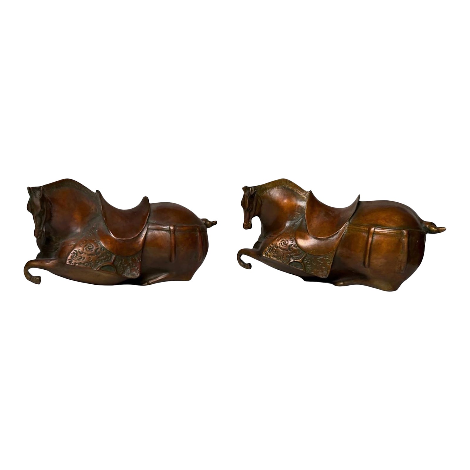 Pair of Bronze Recumbent Horse Sculptures in Han Dynasty Style | Chairish