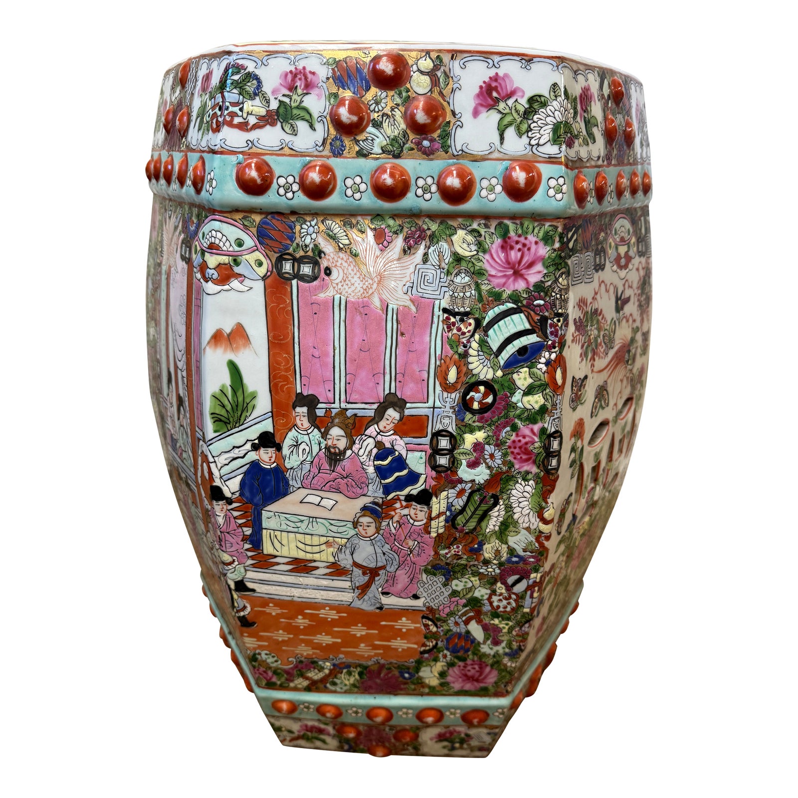 Vintage Rose Medallion Garden Seat, Hexagon Top | Chairish