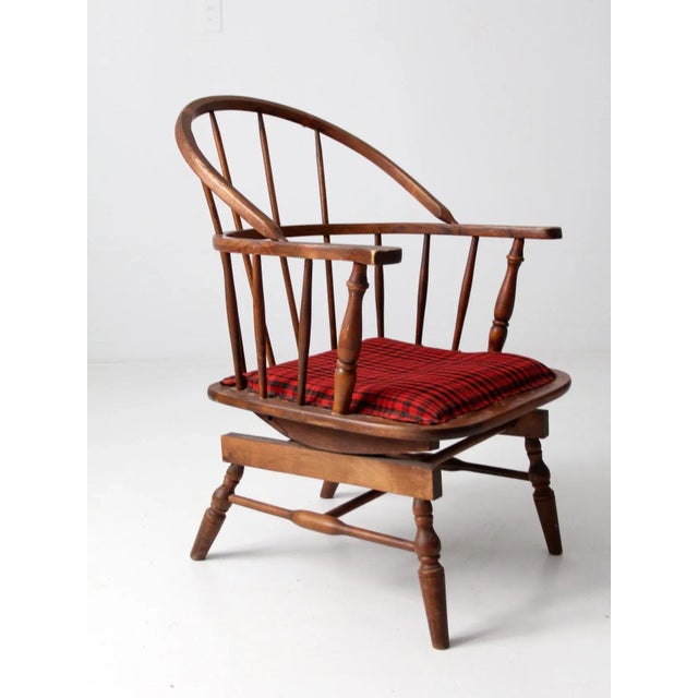 Antique Windsor Spring Seat Arm Chair With Plaid Upholstery | Chairish