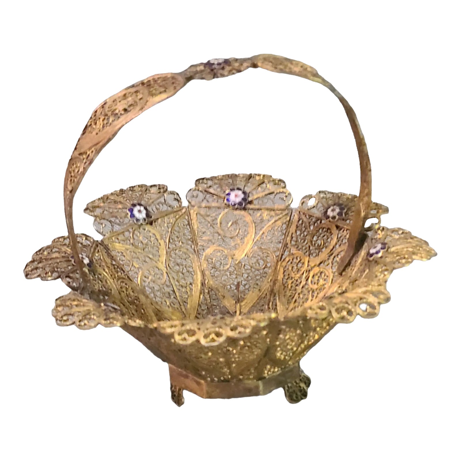 Antique Ornate Filigree Small Basket With Enamel Flowers | Chairish