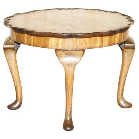 Hand Carved Burr Walnut Coffee Cocktail Table with Cabriole Legs | Chairish