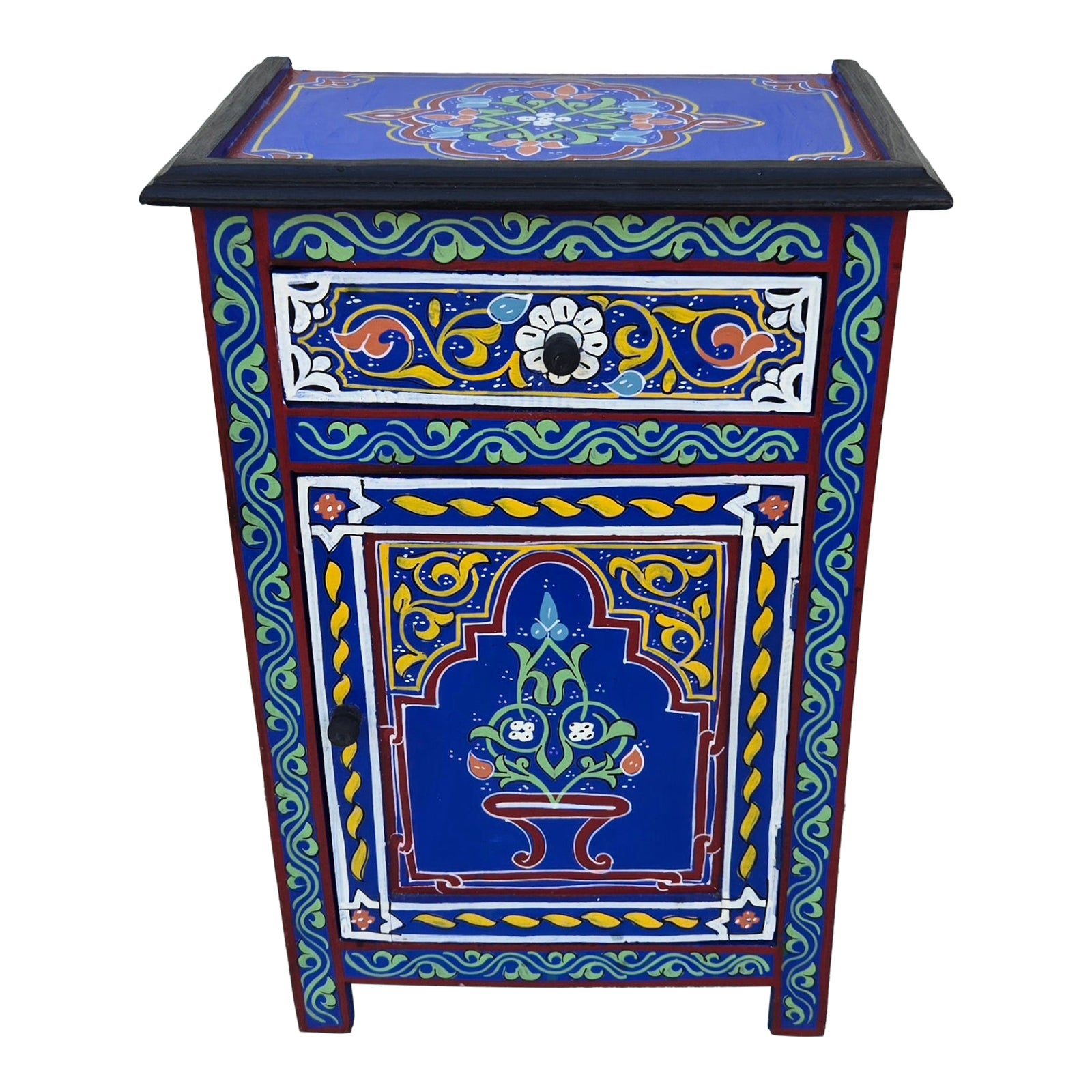 Moroccan Hand Painted Wooden Nightstand, Blue Zouak | Chairish