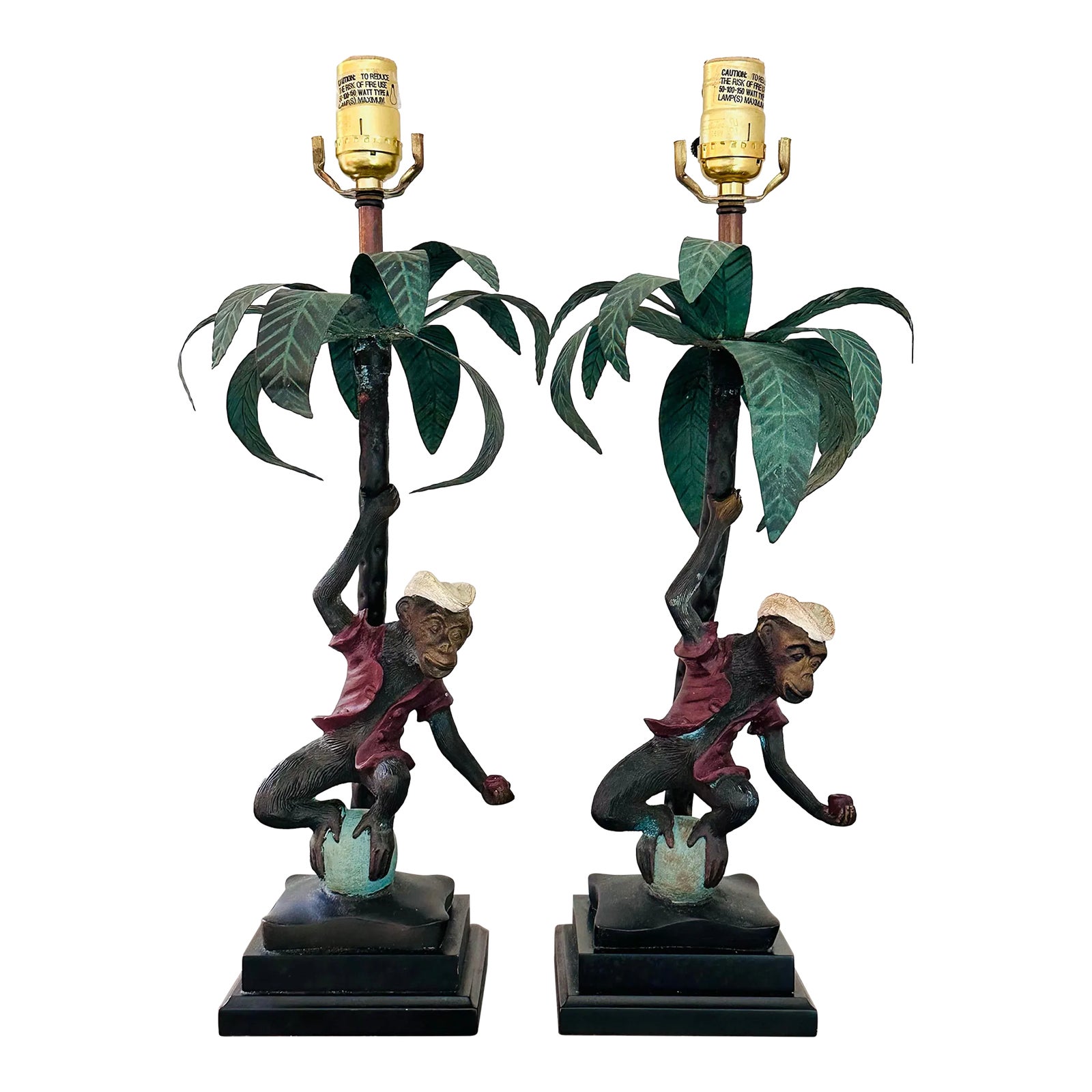 Pair Cast Metal Hand Painted Singerie, Sailor Dressed Monkey and Palm ...