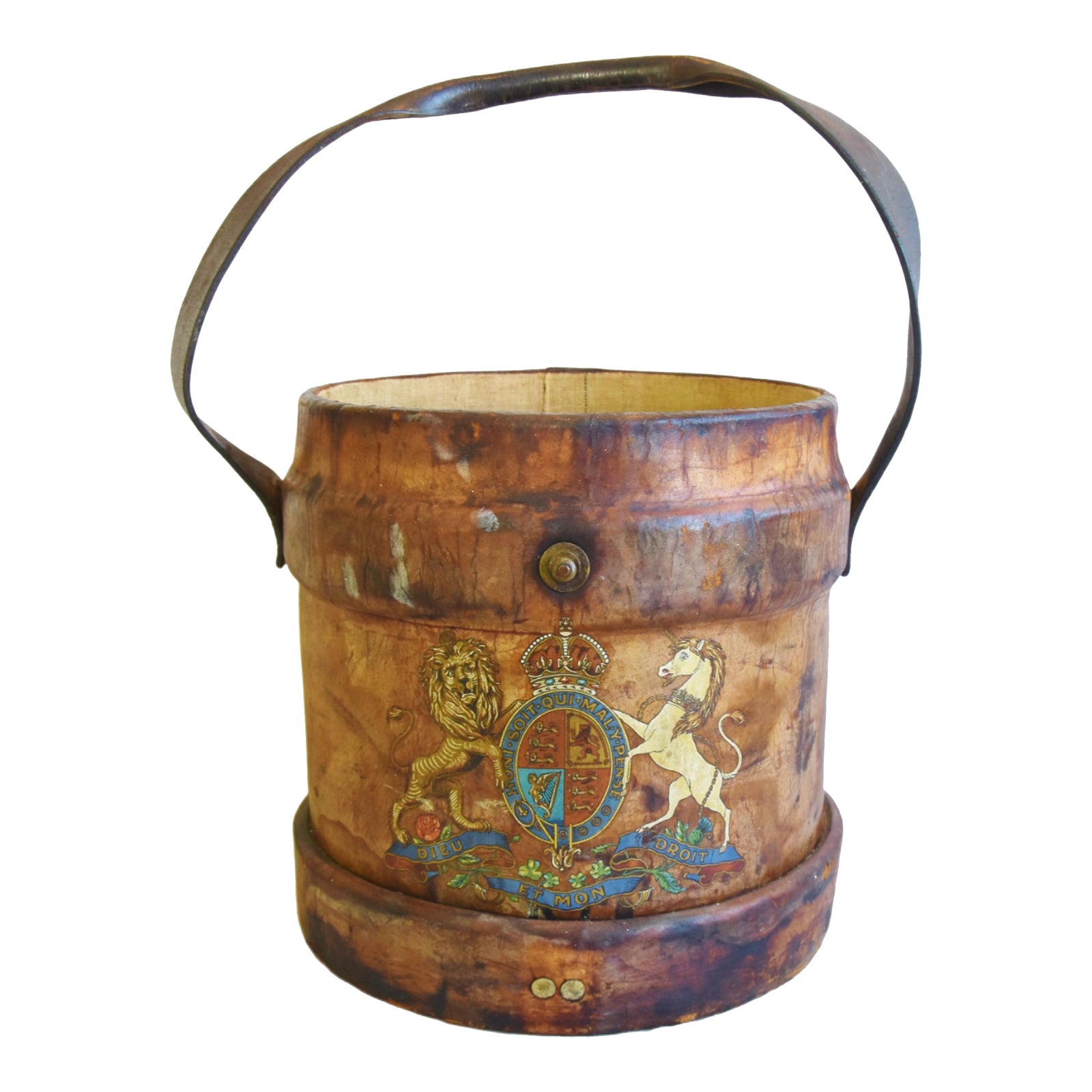 Vintage English Leather Bucket W/ Coat of Arms and Handle | Chairish