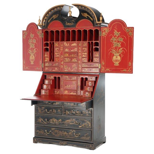 Late 20th Century Chinoiserie Decorated Ebonized, Gilt, & Red Lacquered ...