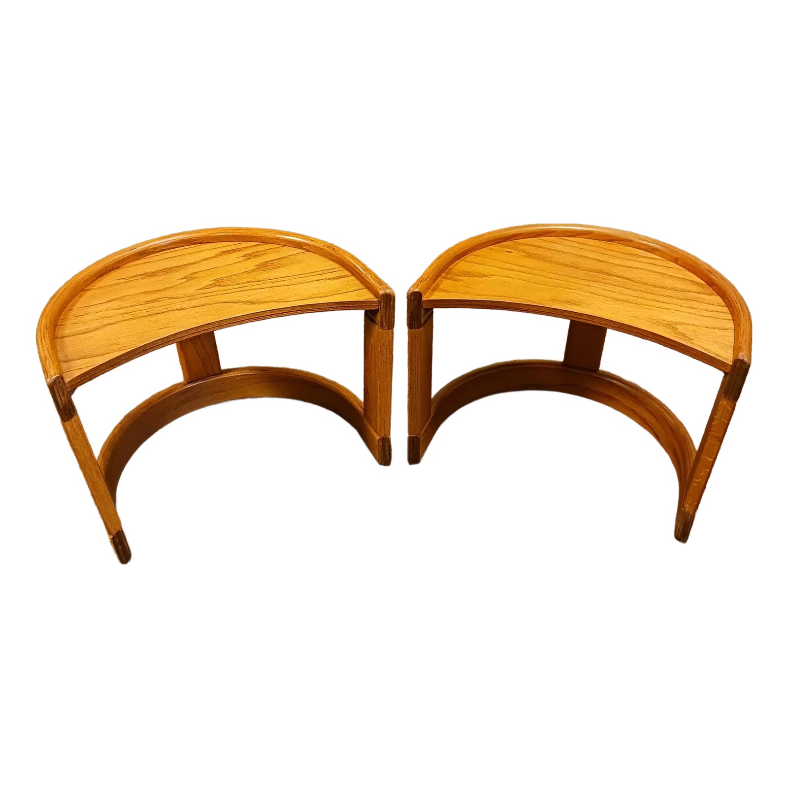 1970s Postmodern Howard Furniture Solid Oak Half Moon Side Tables- A ...