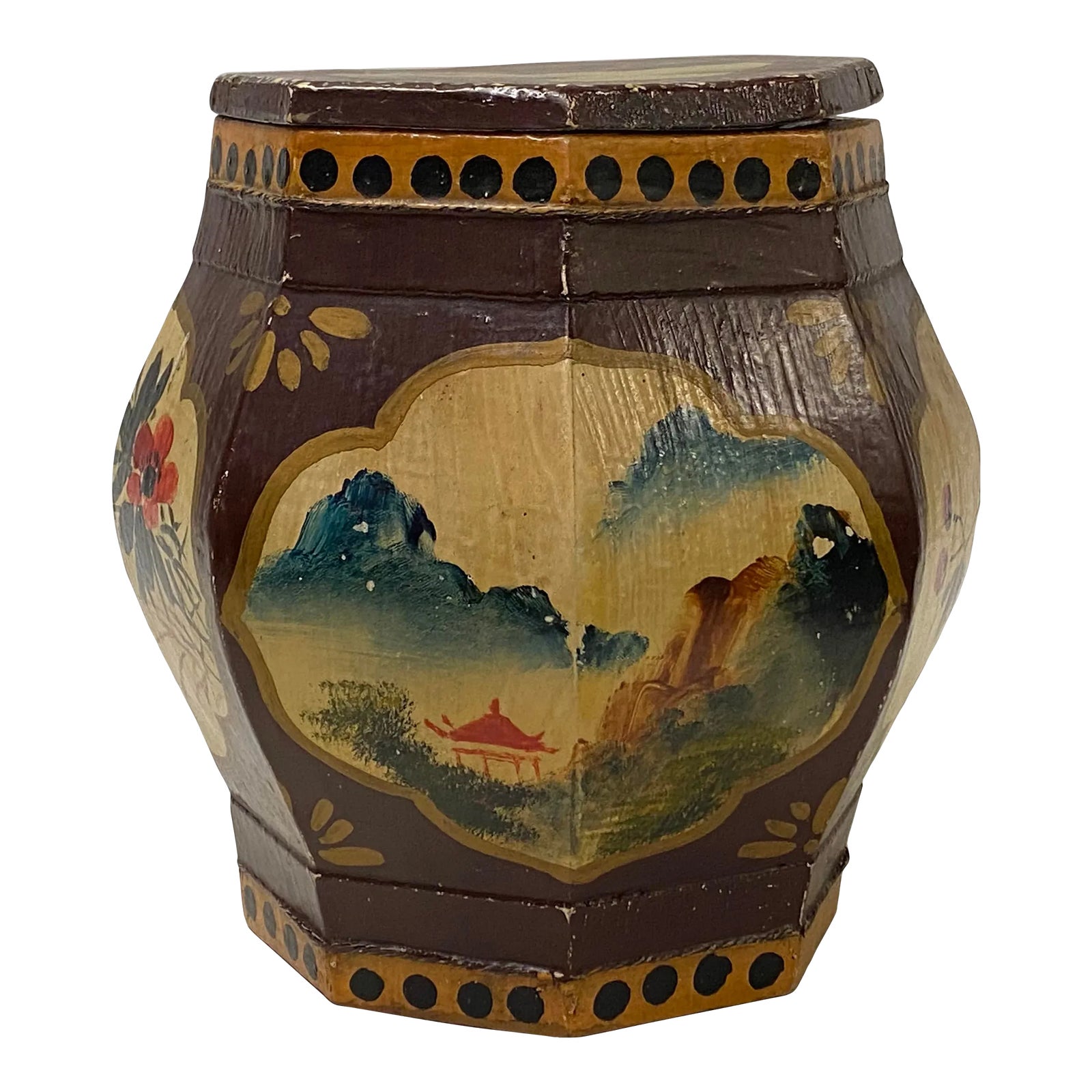 Small Chinese Vintage Wood Octagon Brown Scenery Box Display | Chairish