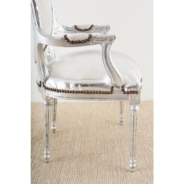 French Louis XVI Style Silver Leaf Metallic Armchairs - a Pair | Chairish