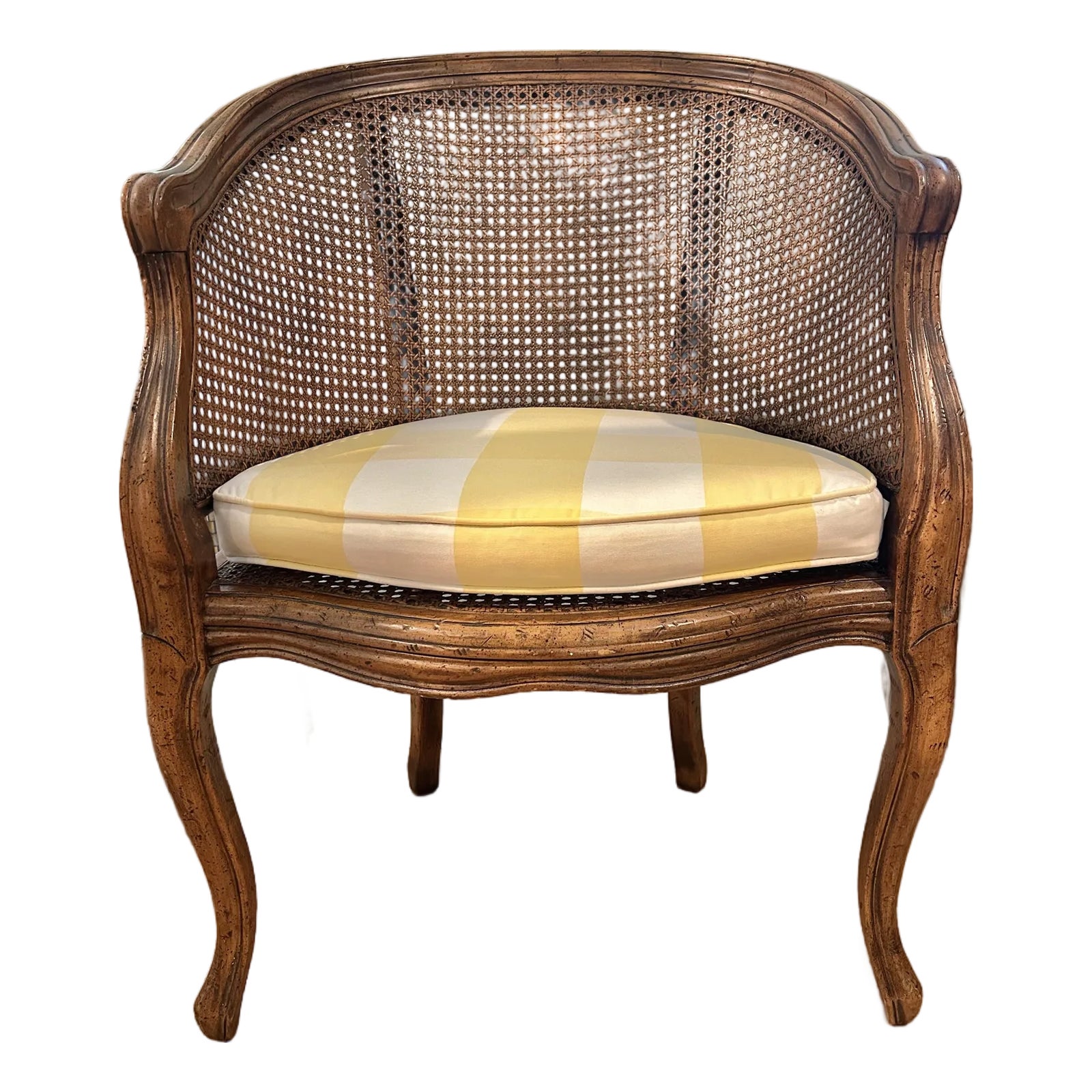 Vintage Hekman French Style Caned Barrel Chair With Yellow and White ...