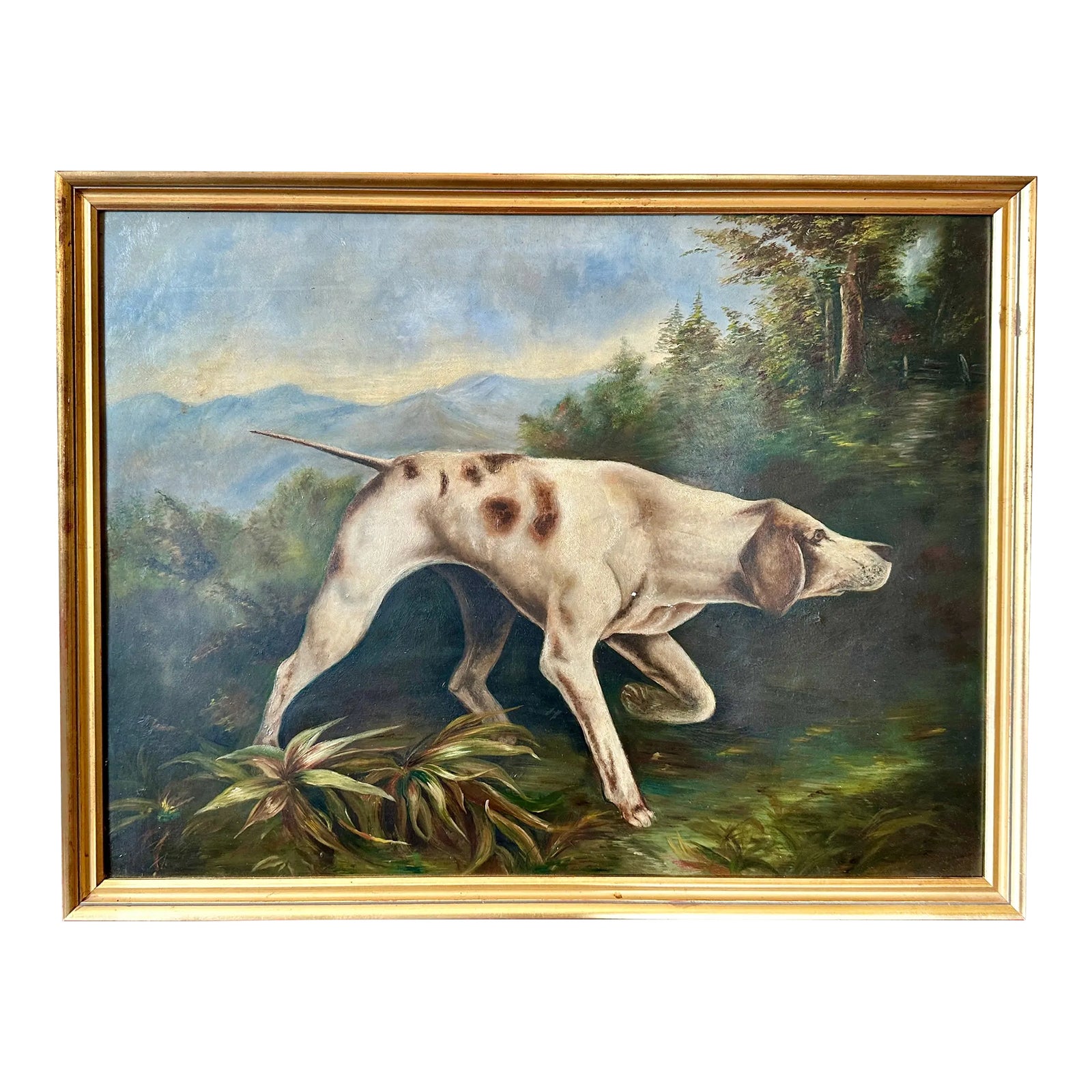 Antique English Pointer Dog Landscape Oil on Board Painting | Chairish
