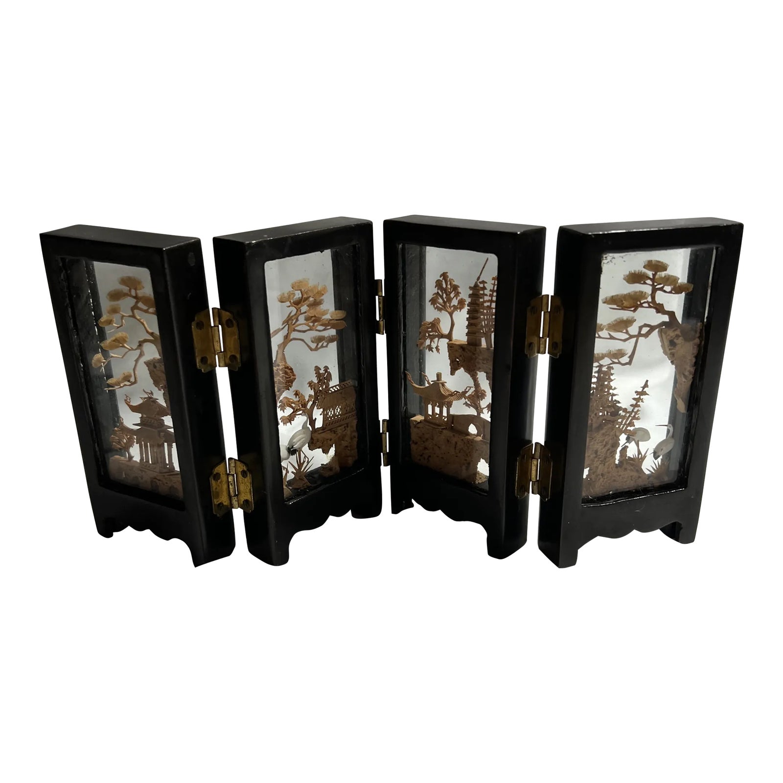 Chinoiserie Mini Folding Screen Cork Sculpture Asian Design | Chairish