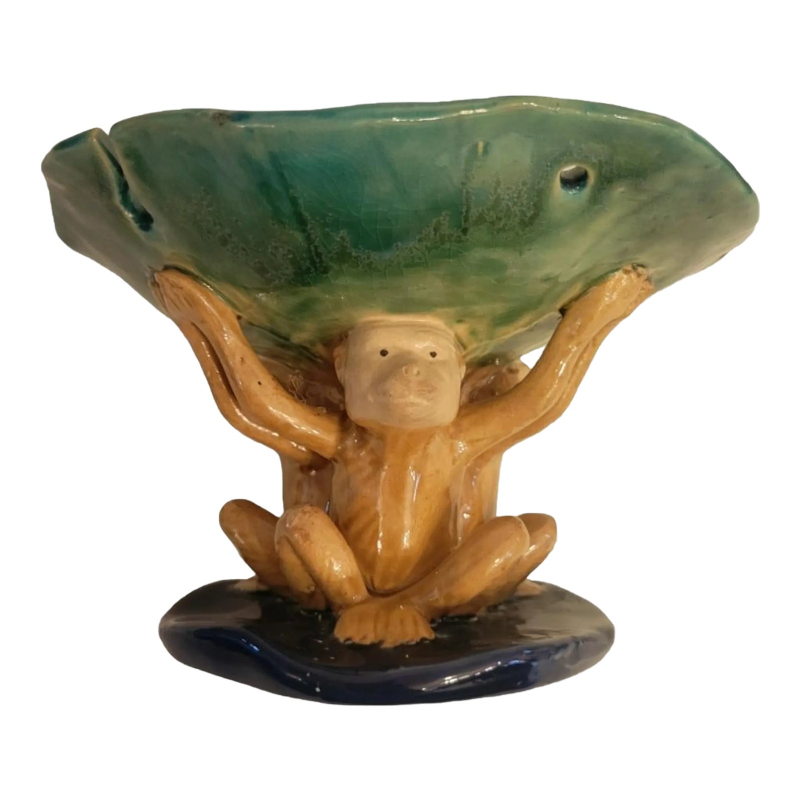 Vintage Ceramic 3 Monkey Green Blue Yellow Leaf Majolica Style Catchall ...