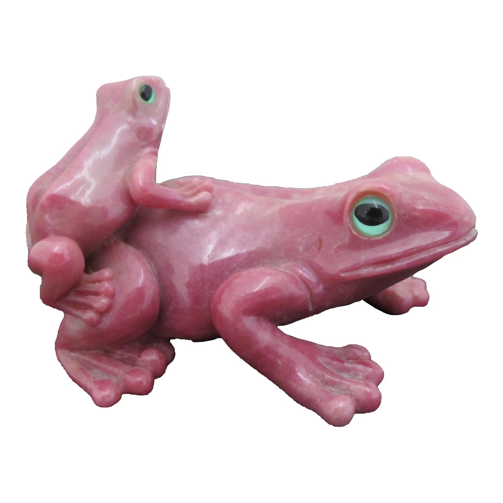 Green Eyed Mother & Baby Frog Finely Carved Pink Rhodonite Sculpture ...