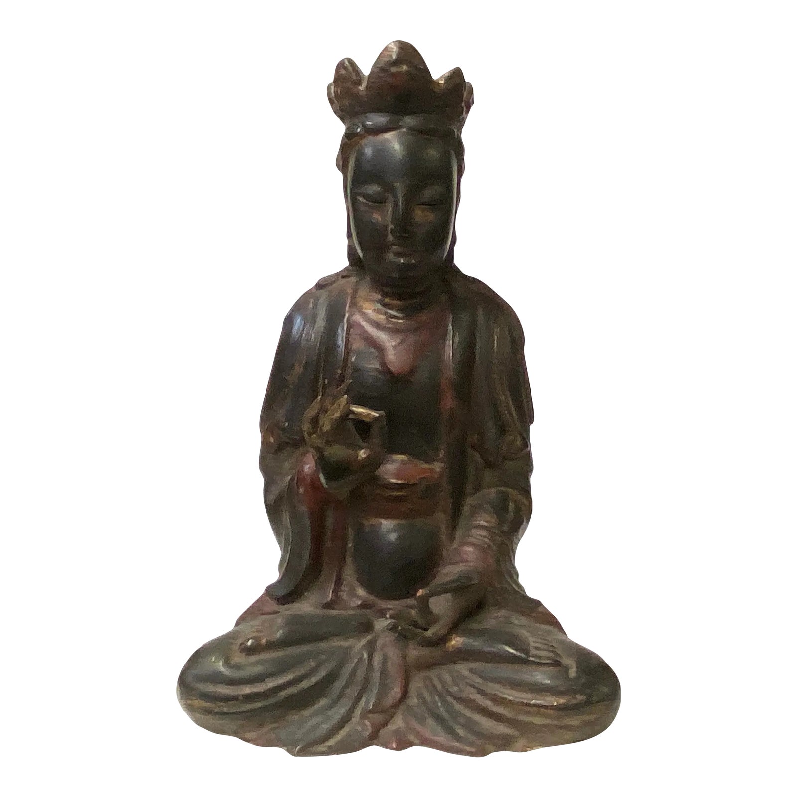 Vintage Chinese Black Brown Lacquer Wood Sitting Kwan Yin Figure | Chairish