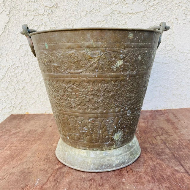 Early 1900s Asian Indian Antique Hammered Brass Bucket | Chairish