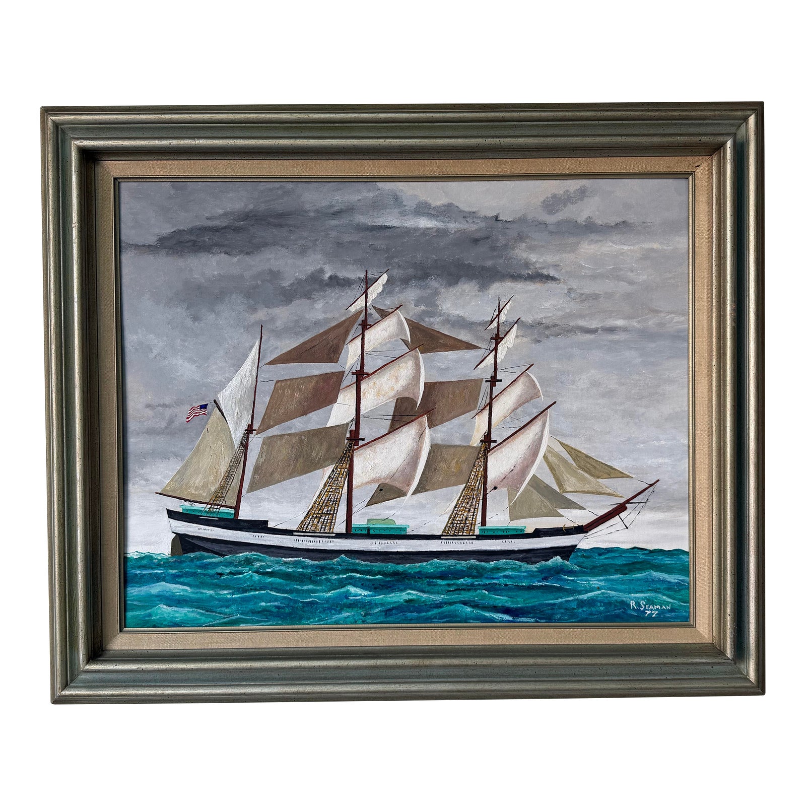 1970's R. Seaman American Tall Ship Ocean Landscape Oil on Board ...