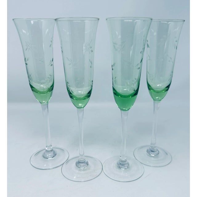 Vintage Green Colored Glass Champagne Flutes With Etched Floral Leaves ...