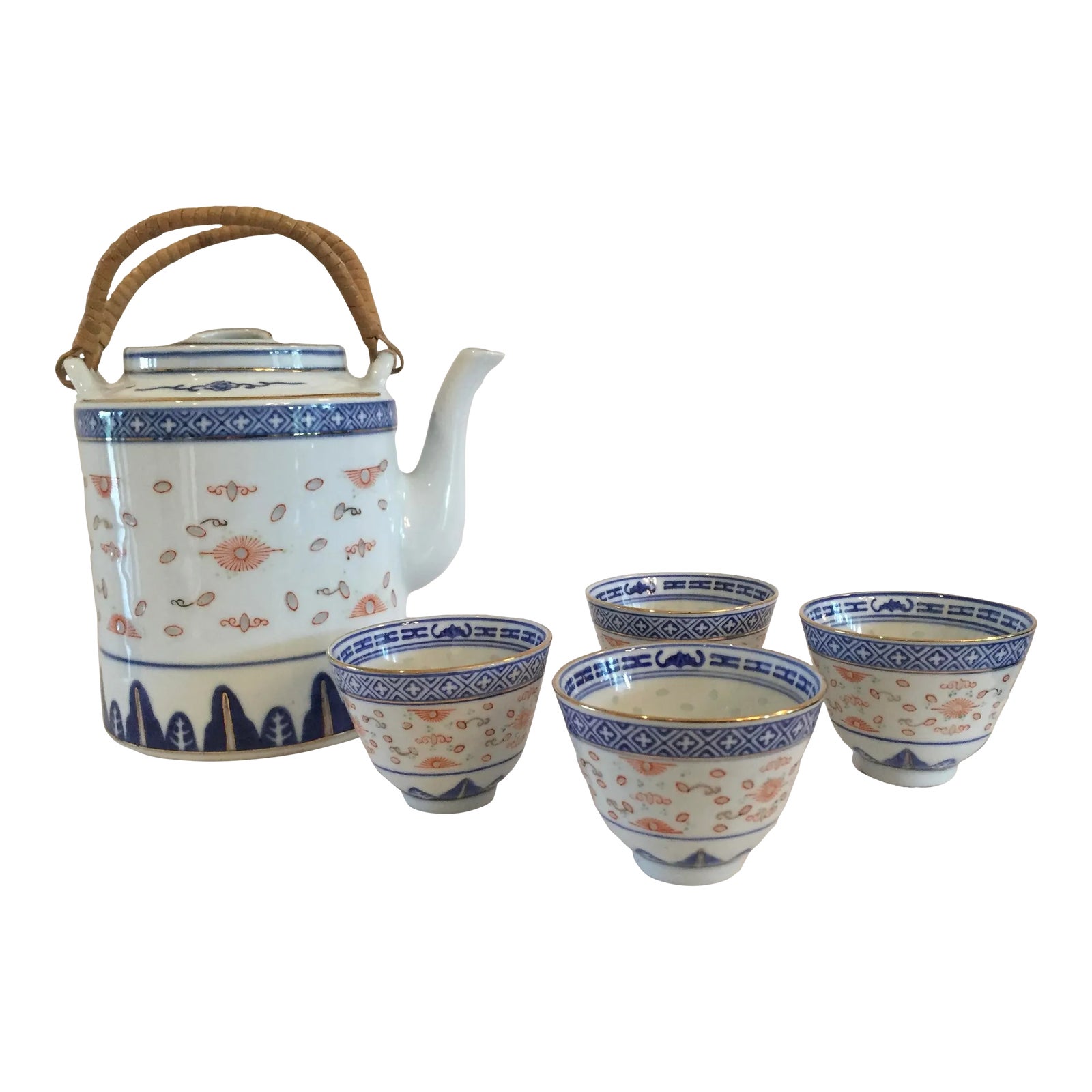 Vintage Chinese Rice Pattern Porcelain Tea Service With Teapot and 4 ...