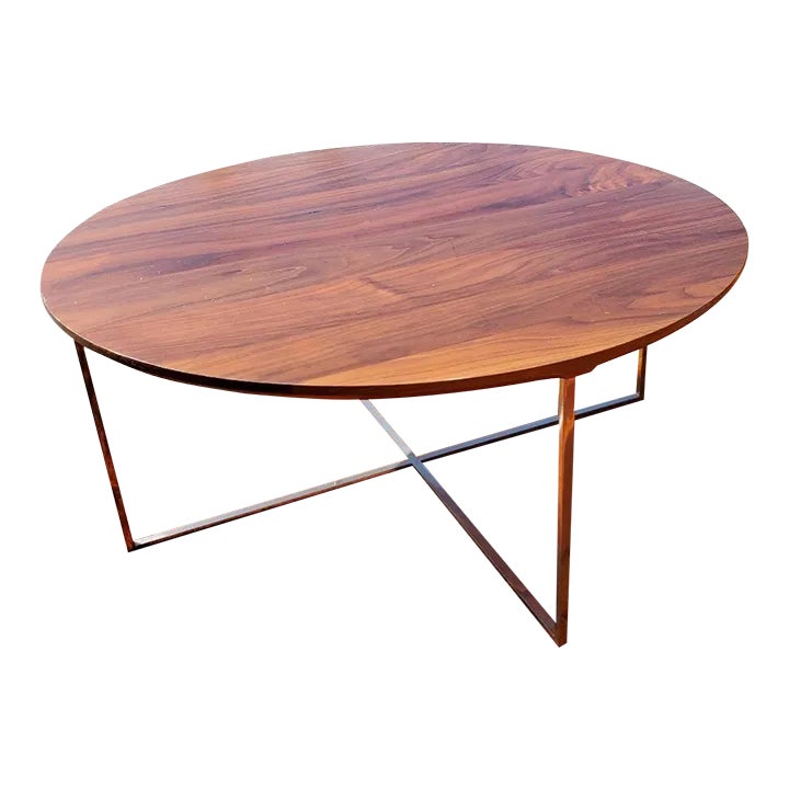 Milo Baughman Style 1970s Round Solid Walnut Cocktail Table With Chrome ...