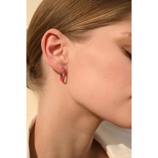 Rectangle Pink Enamel Diamond Hoop Earrings in Solid 14k Yellow Gold- 2 ...