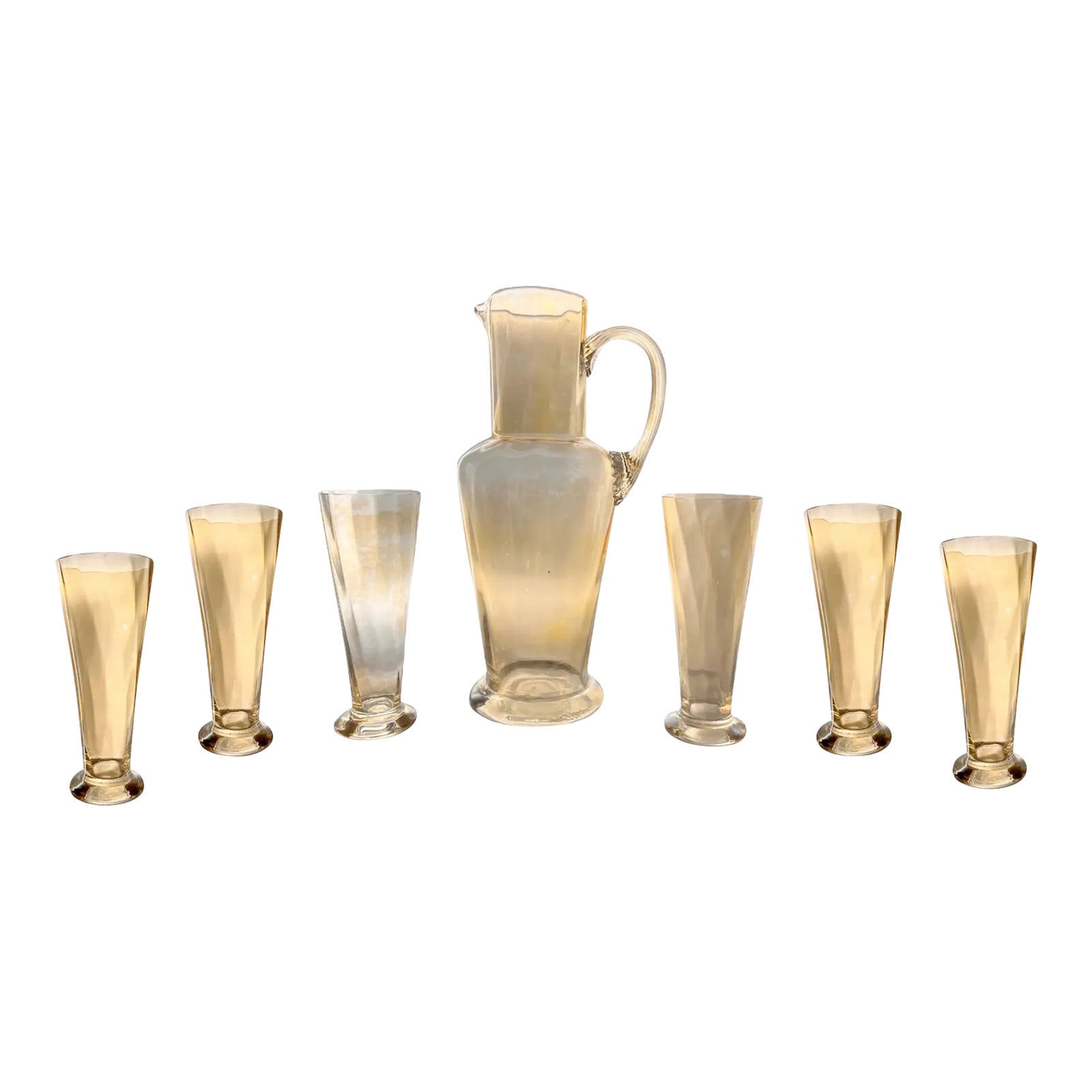 Mid-Century Iridescent Amber Greek Revival Punch Tall Glass Pitcher, 6 ...
