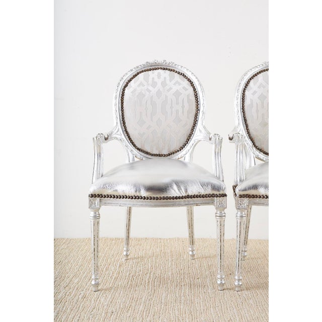 French Louis XVI Style Silver Leaf Metallic Armchairs - a Pair | Chairish French Louis XVI Style Silver Leaf Metallic Armchairs - a Pair | Chairish