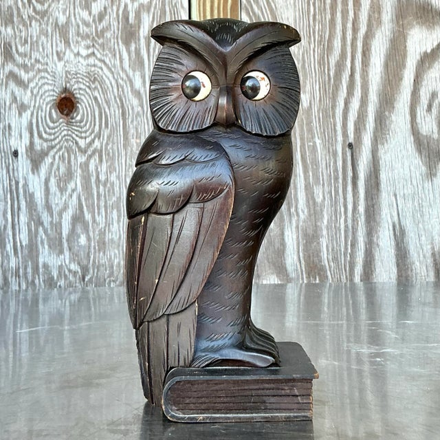 Vintage Deco Oswald Oshur Carved Wooden Owl Clock | Chairish