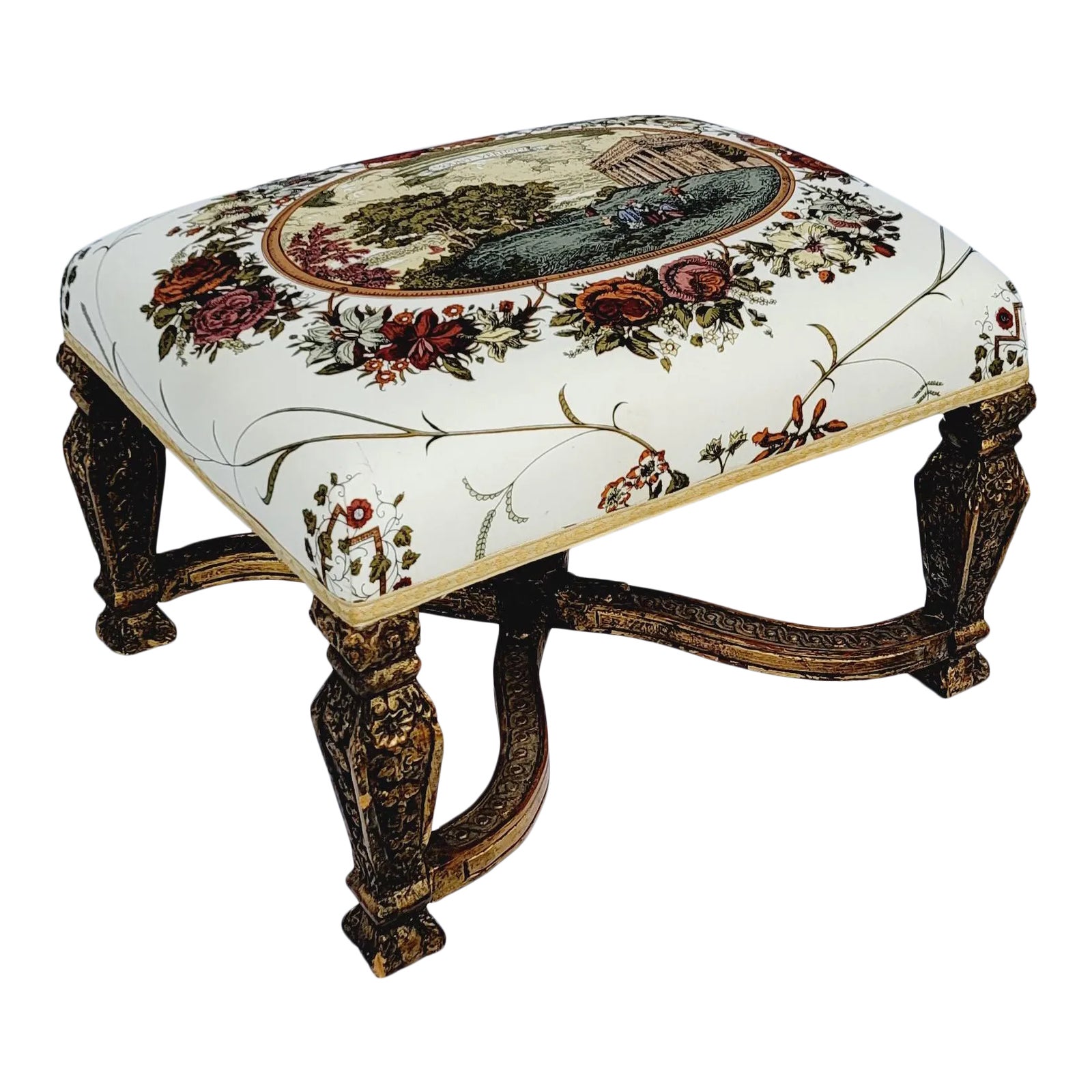 Antique Carved French Giltwood Ottoman in Toile | Chairish