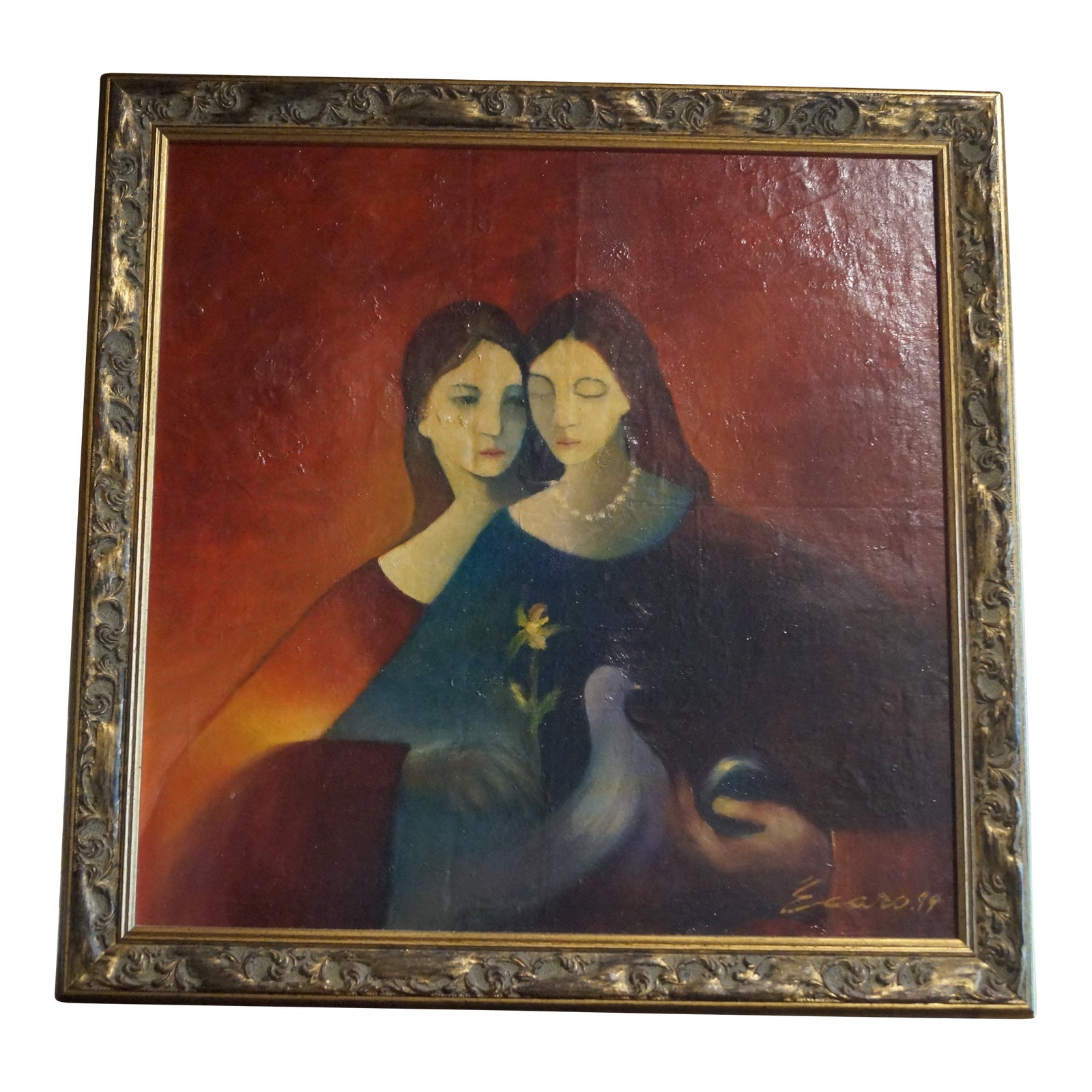 Original Women and Bird Oil Painting - Signed Ecaro | Chairish